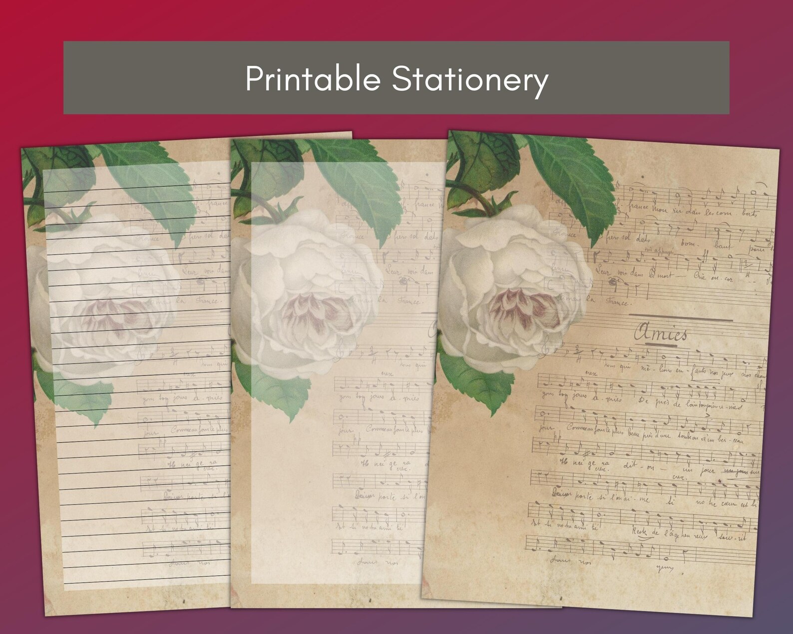 Vintage Rose Printable Journal Paper, Rose Lined and Unlined Stationery ...