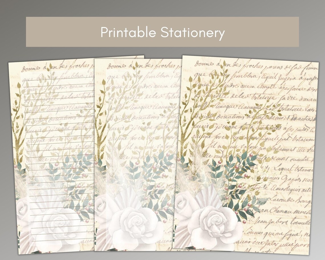 Rose Printable Journal Paper, Vintage Rose Lined and Unlined Stationery ...