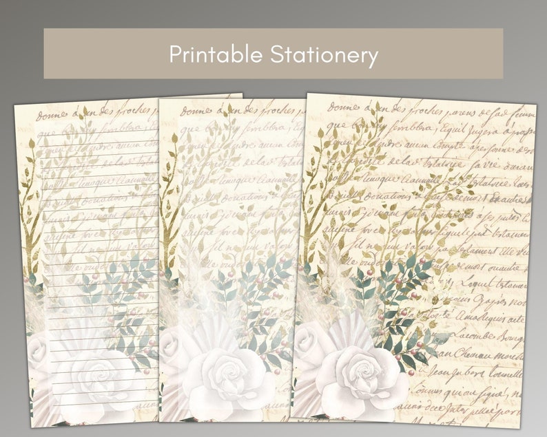 Rose Printable Journal Paper, Vintage Rose Lined and Unlined Stationery ...