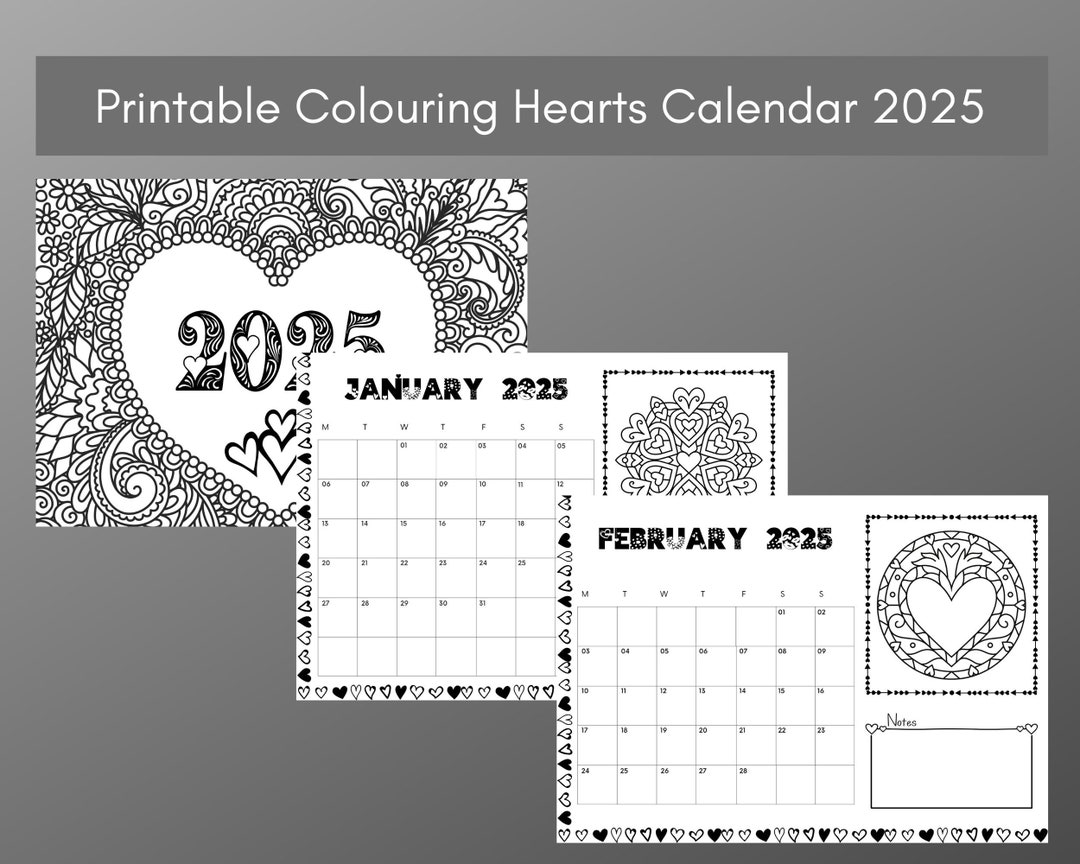 Heart Monthly Calendar, Heart Coloring Desk Pad, Printable Desk ...