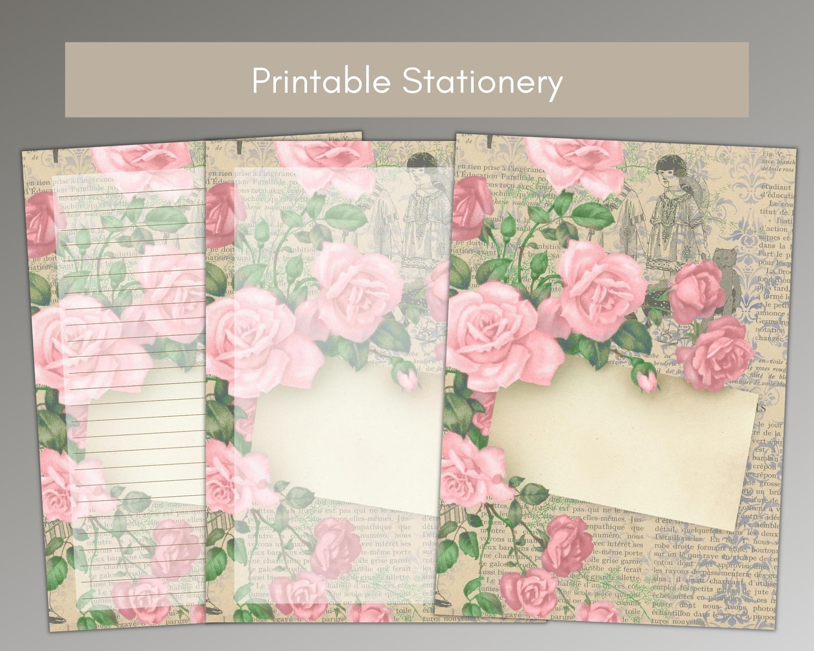 Rose Printable Journal Paper, Vintage Rose Lined and Unlined Stationery ...