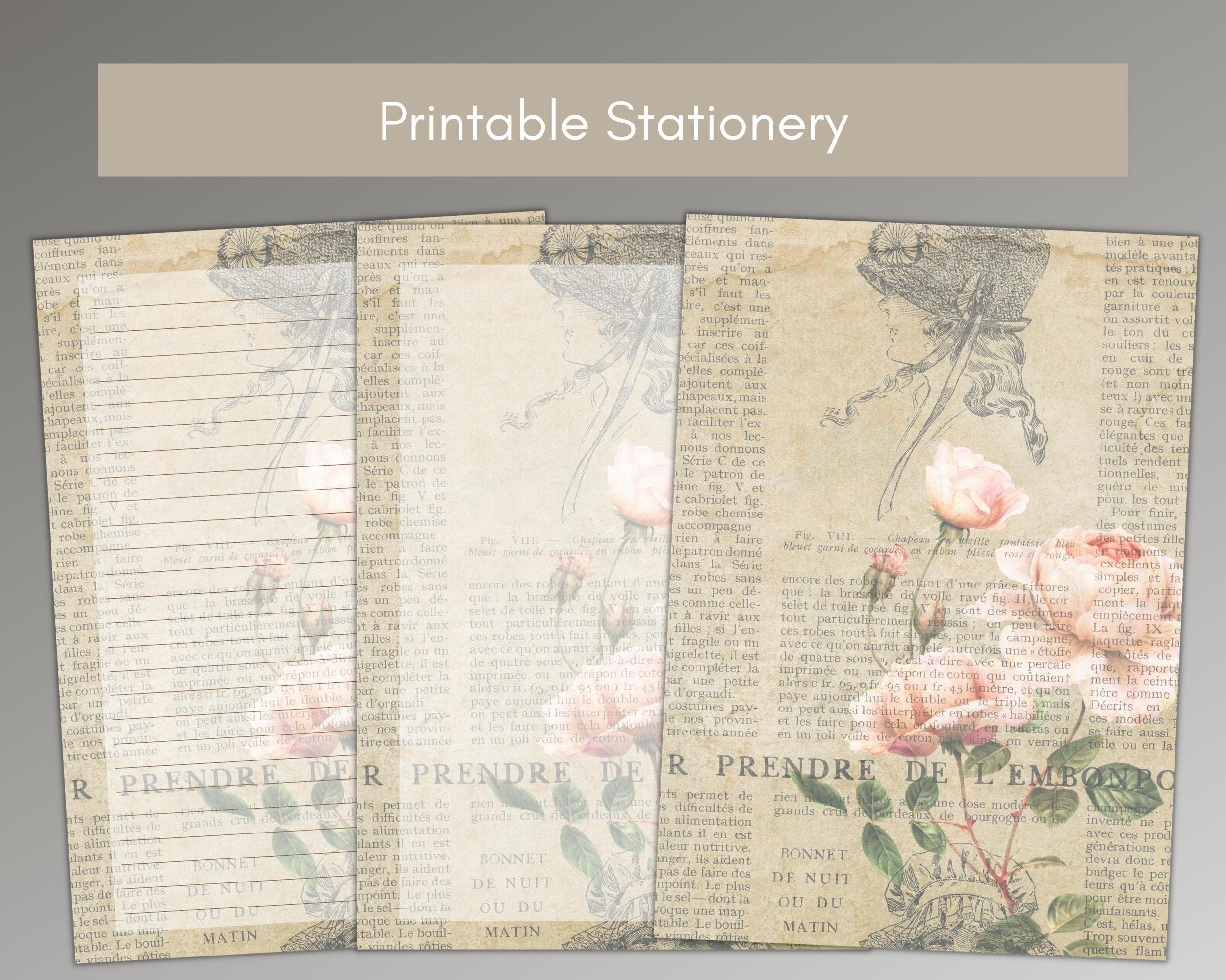 Rose Printable Journal Paper, Vintage Rose Lined and Unlined Stationery ...