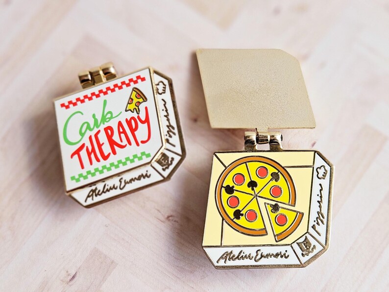 Carb Therapy Pizza Enamel Pin, Italian Pizza Box Gold Necklace ...