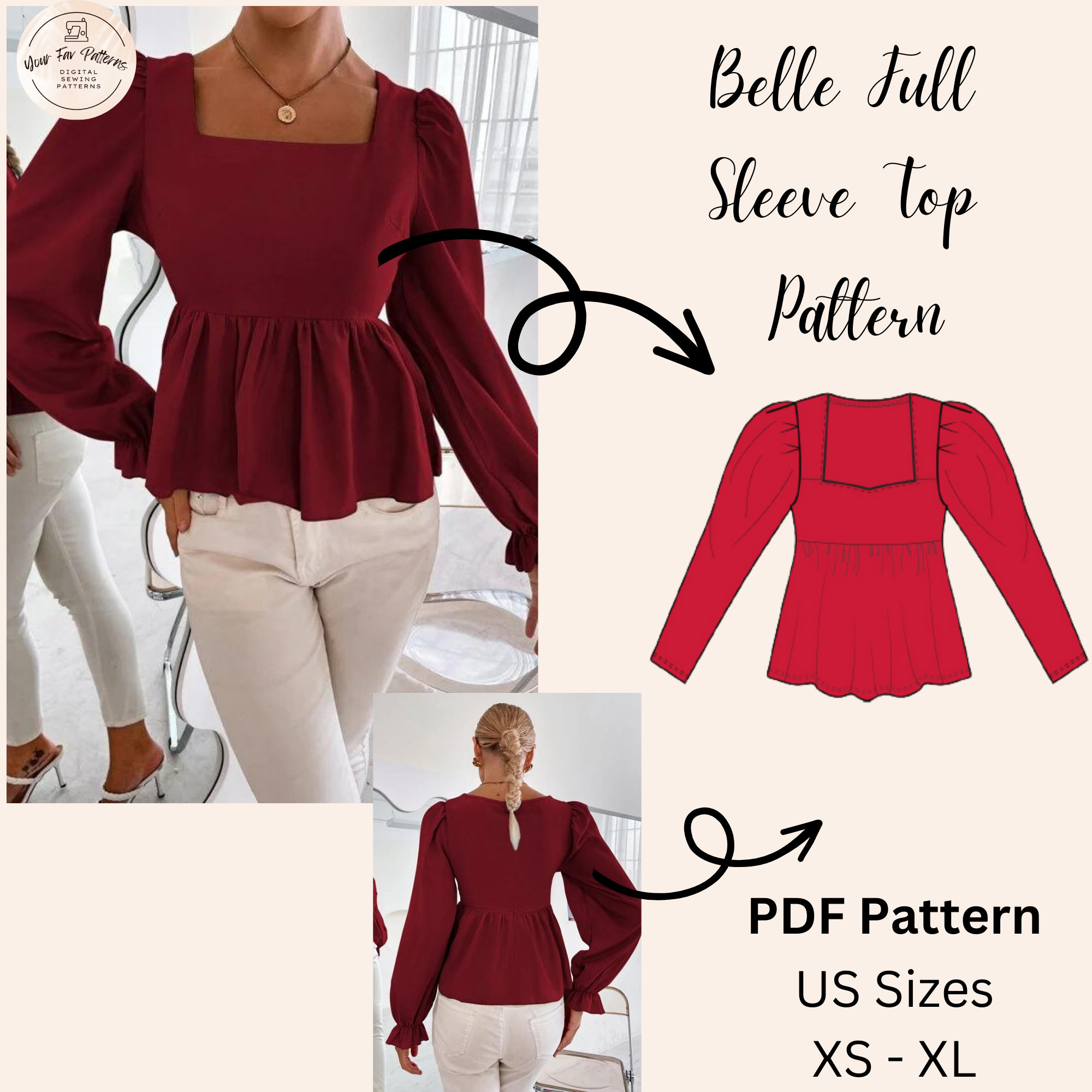 Belle Full Sleeve Top PDF Sewing Pattern | DIY Full Sleeve Long Top ...