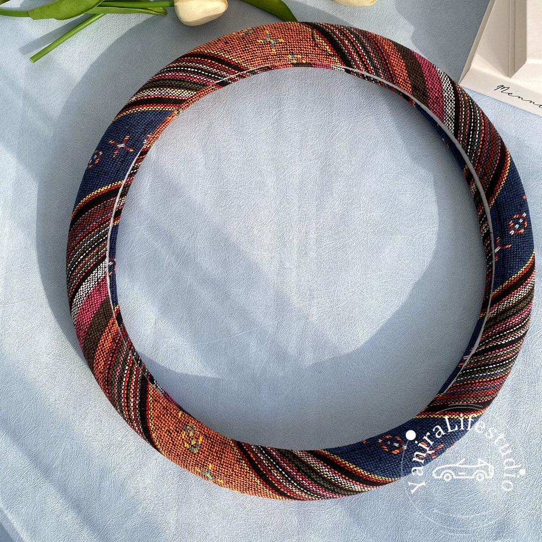 Colorful Boho Linen Steering Wheel Cover,15''/38cm Custom Text Steering ...