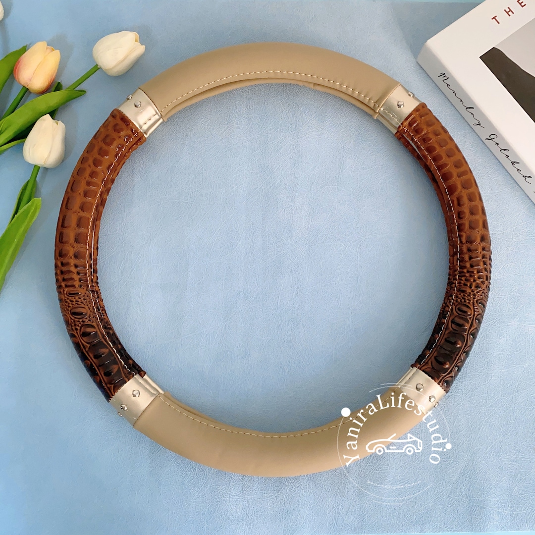 Beige Brown Leather Steer Wheel Covers,non Slip Crocodile Pattern Steer ...