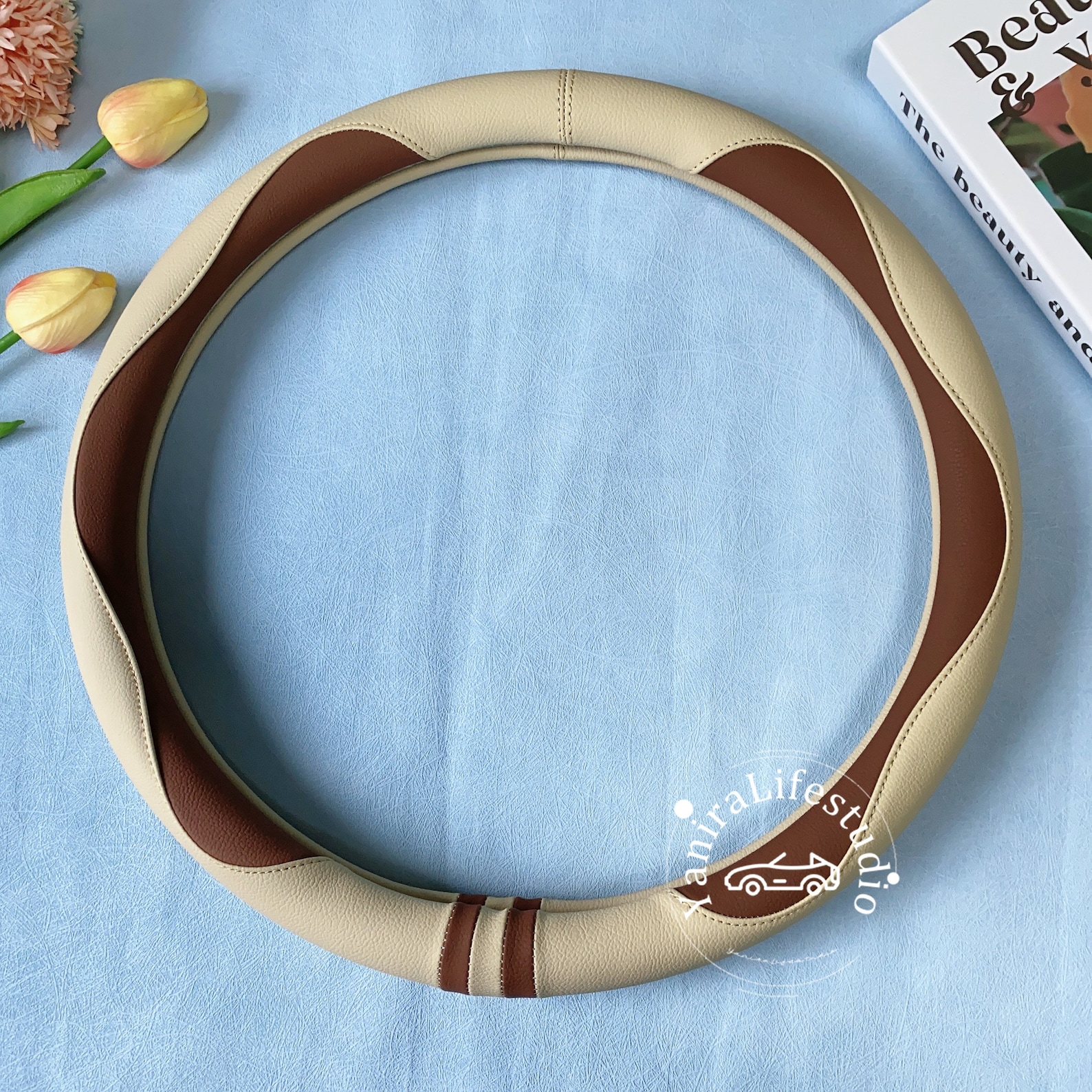 Retro Fashion Beige Brown Steering Wheel Cover,custom Text Four Seasons ...