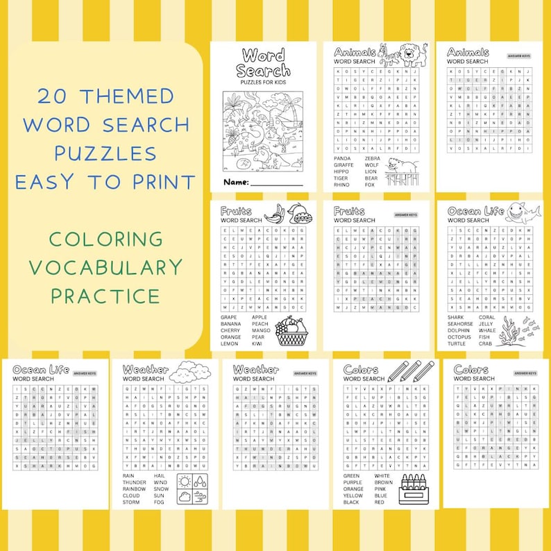 Printable Word Search Bundle for Kids – 20 Themes + Answer Keys ...