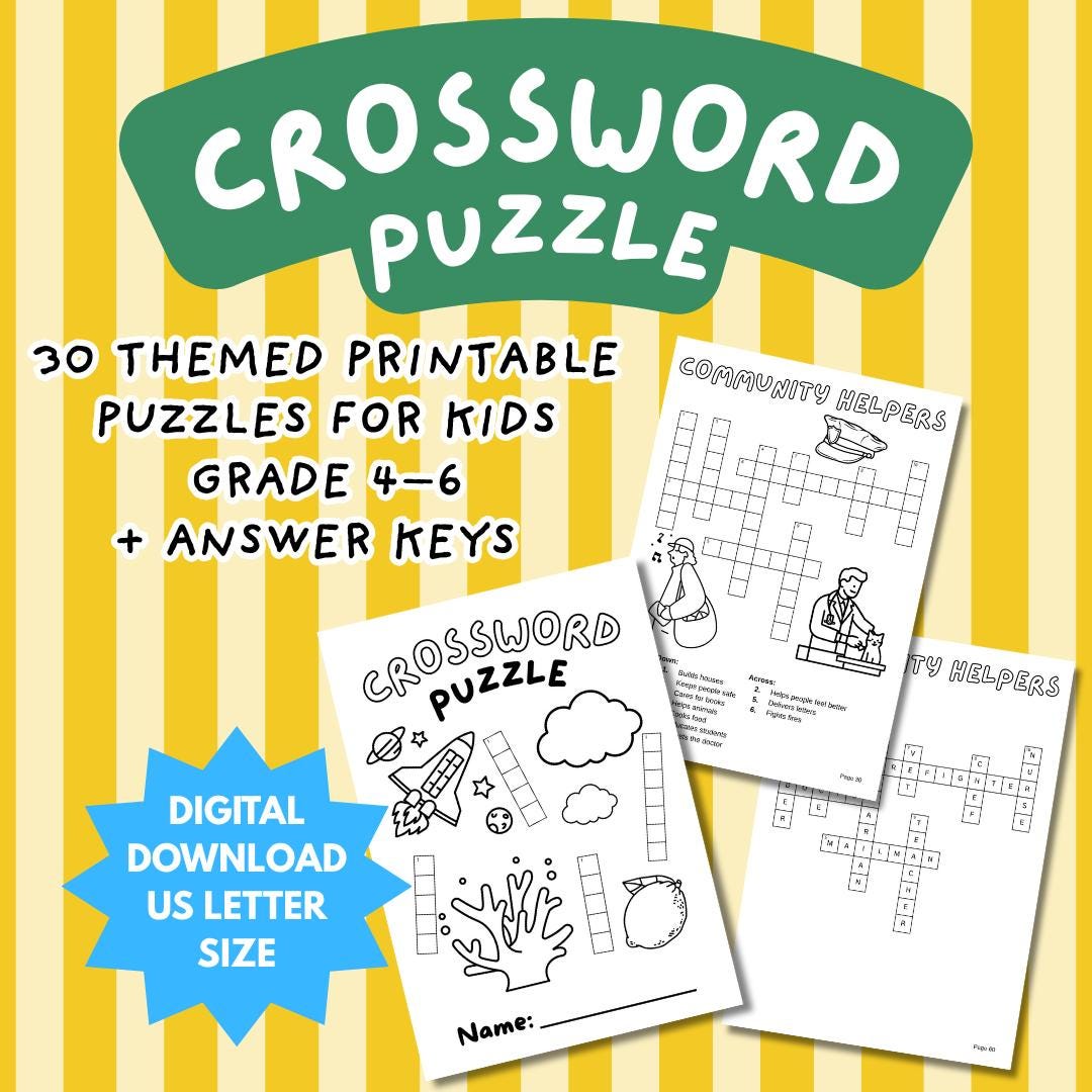 Printable Crossword Puzzle Pack for Grades 4–6 | 30 Fun Themed Puzzles ...