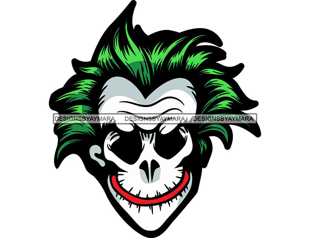Evil Skull Face Male Clown Joker Green Hair Wig Grin Head Stitch Mouth ...