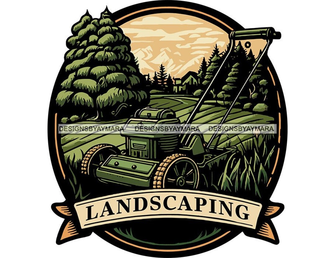 Landscaping Logo Sign Banner Plaque Lawnmower Tractor Field Grass Trees ...