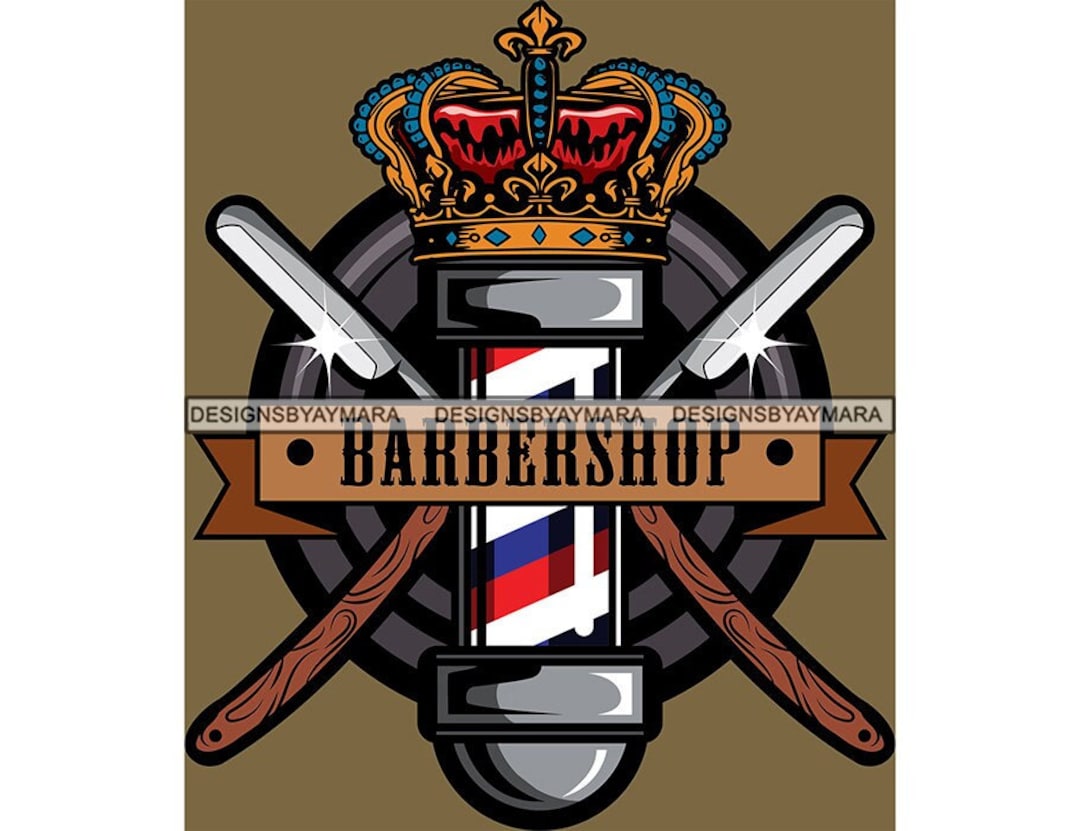 Barbershop Logo King Crown Swords Red White Blue Barber Pole Light ...