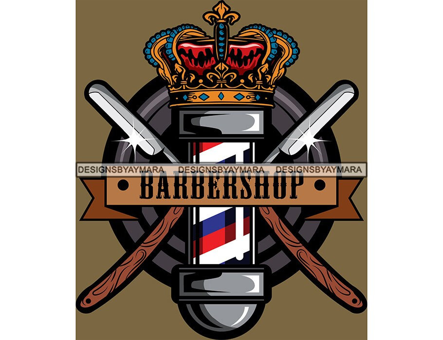 Barbershop Logo King Crown Swords Red White Blue Barber Pole - Etsy
