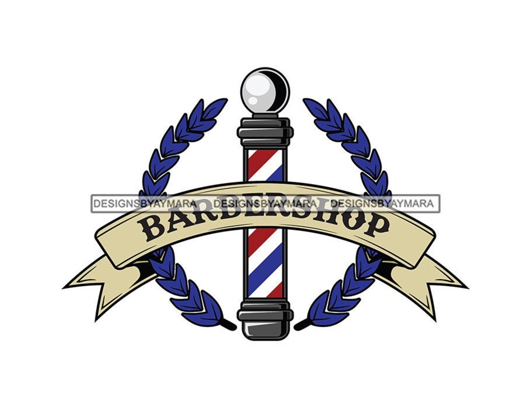 Barbershop Logo Poles Scissors Clip Hair Blue Laurel Banner - Etsy