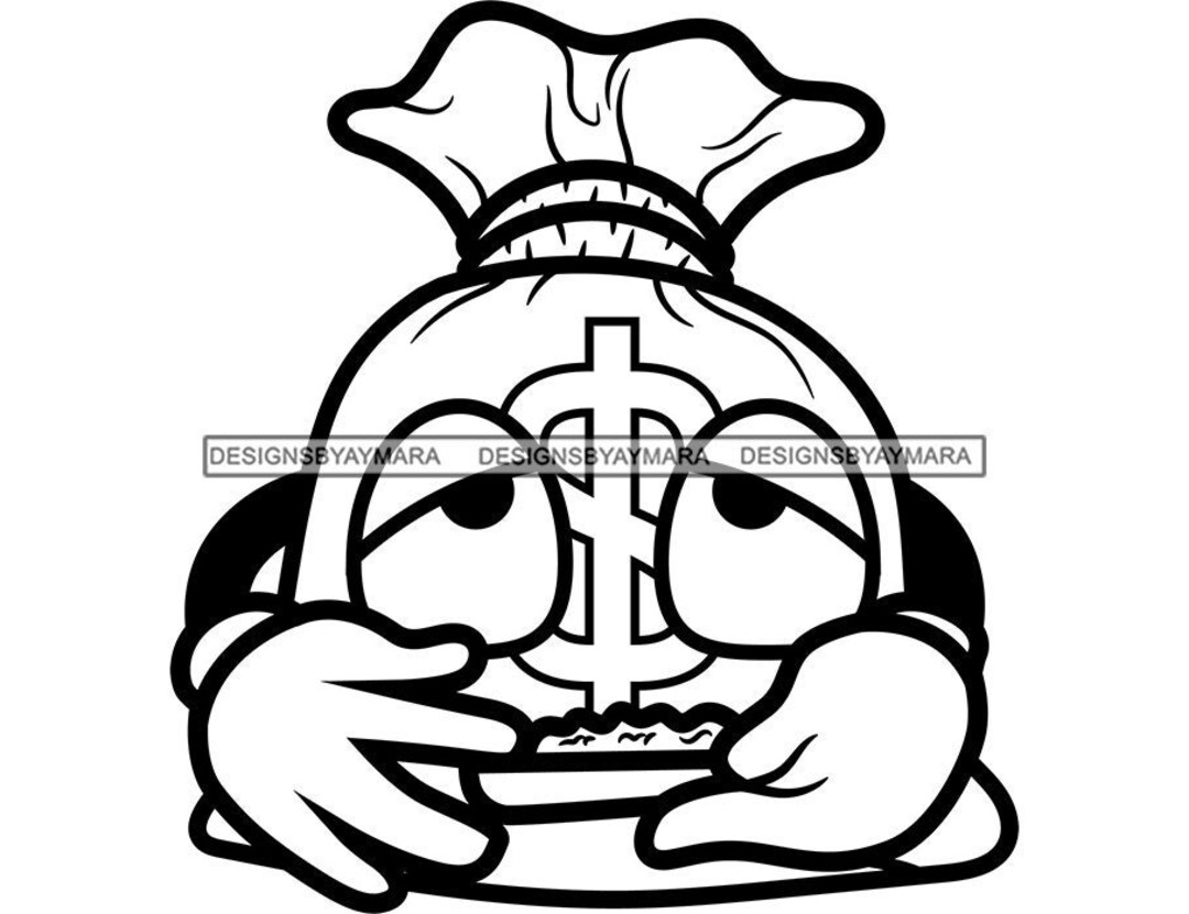 Money Bag Bank Character Cartoon Dollar Bill Sign Money Element ...