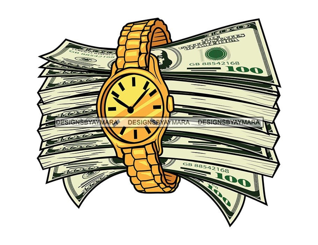Gold Watch Stacks Cash Money Dollar Bills Time Clock Benjamins Currency ...