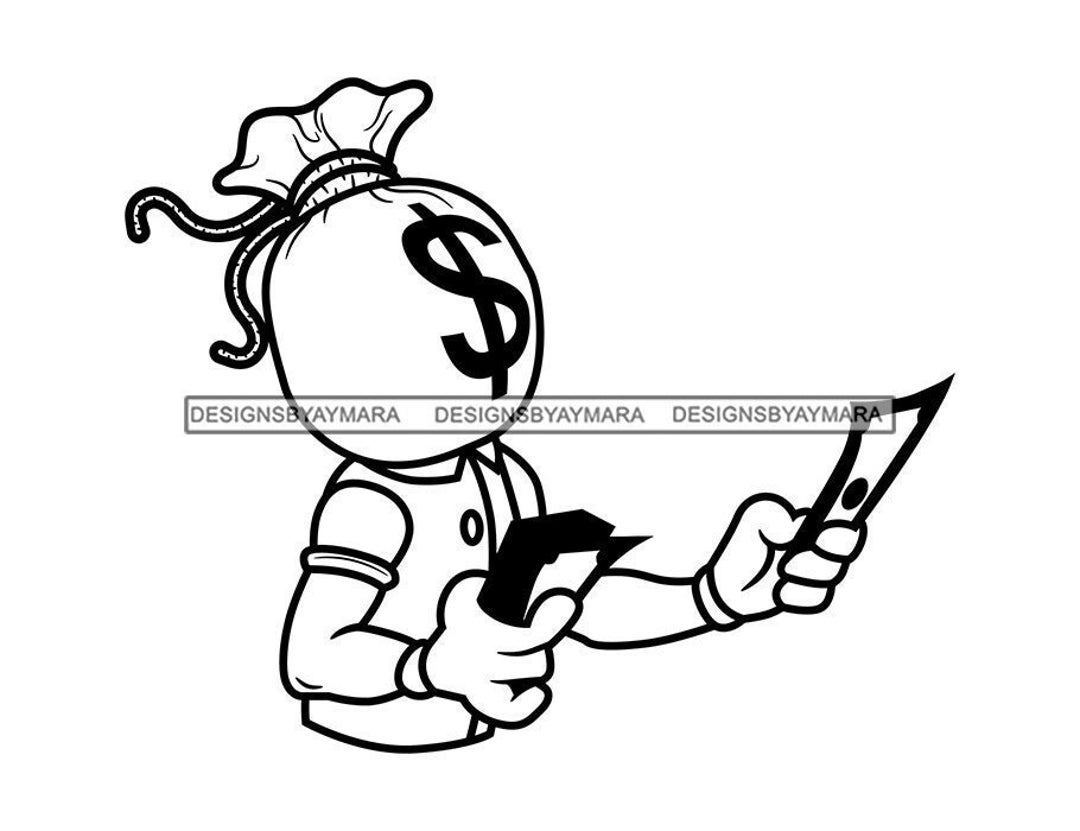 Money Bag Bank Character Cartoon Dollar Sign Bills Cash Money Outline ...