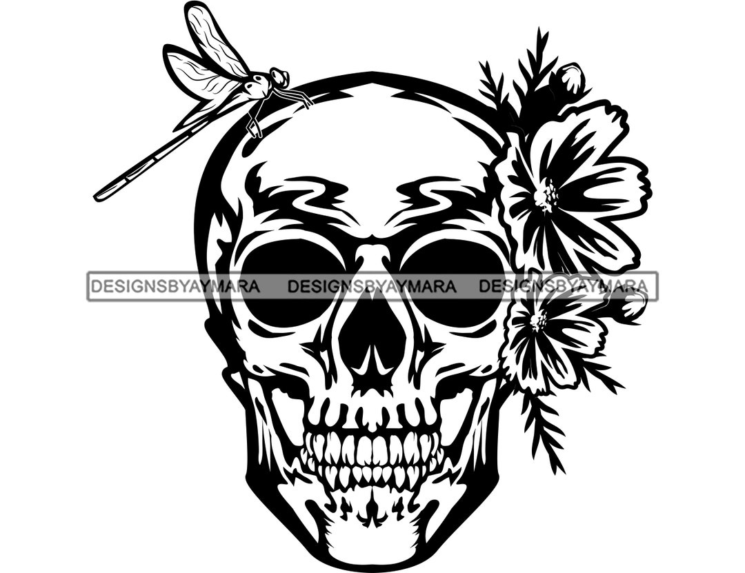 Skull Head Flowers Dragonfly Skeleton Bones Halloween Horror Scary ...
