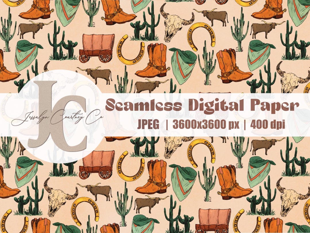 Warm Western Seamless Repeating Pattern, Cactus, Cowboy, Boots ...