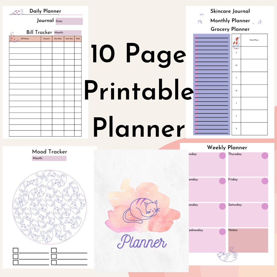 Printable Daily Cat Planner, Digital Planner, Mood Tracker, Journal ...