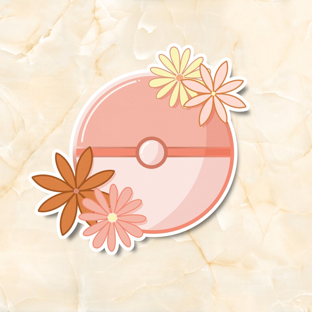 Pink Floral Poke Ball Sticker, Vinyl Holographic Sticker, Waterproof ...