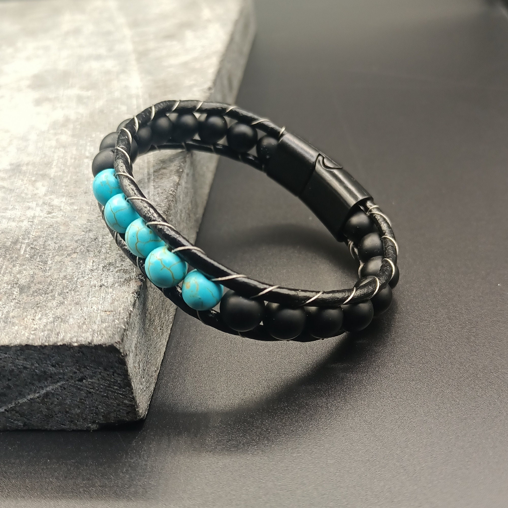 Trend Onyx Turquoise Beaded Natural Stone Leather Style - Etsy