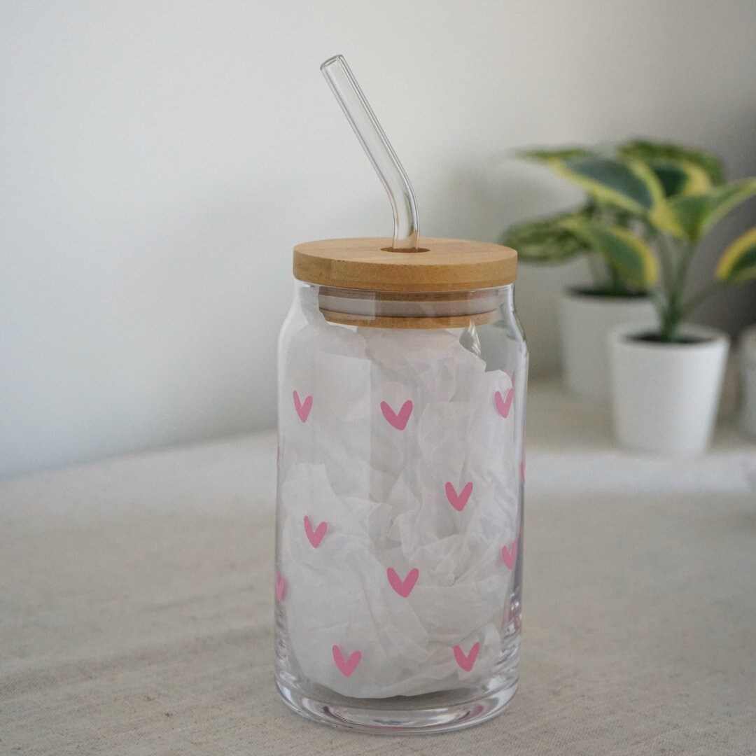 Mini Pink Hearts 16oz Cup | Comes With Bamboo Lid & Reusable Glass ...