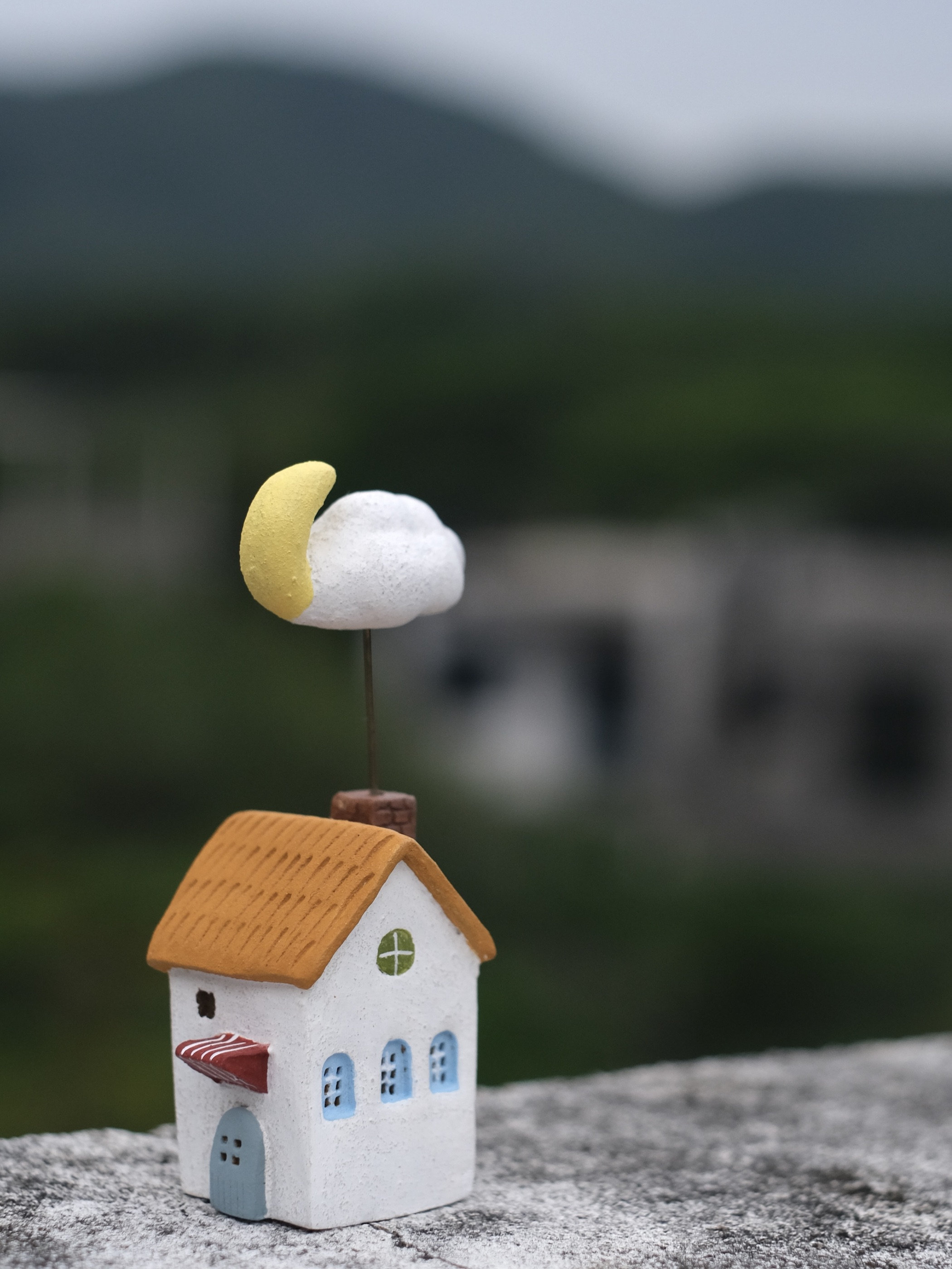 Handcrafted Orange & White Mini Clay Cottage Desk Decor Moon Clouds ...