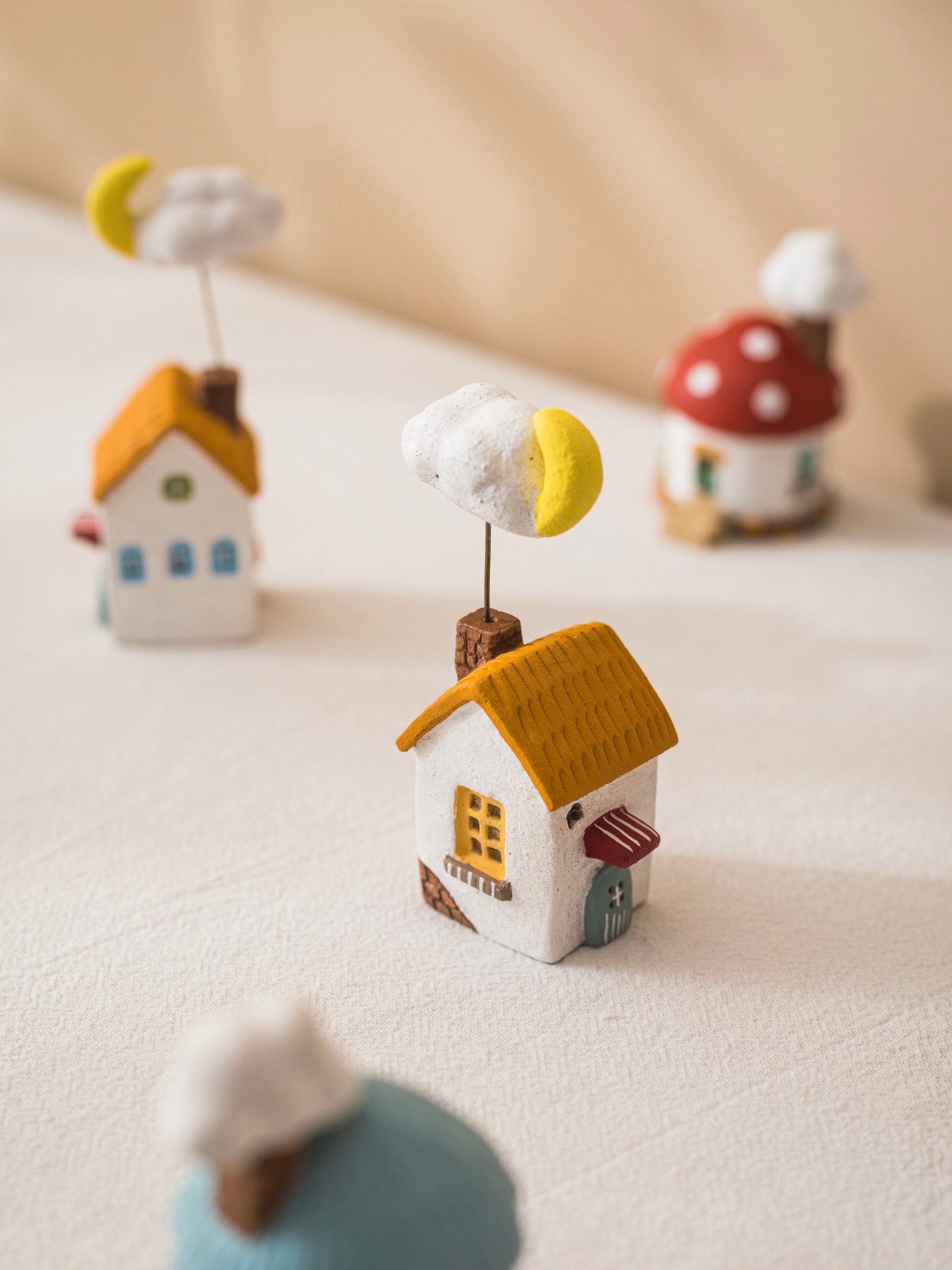Handcrafted Orange & White Mini Clay Cottage Desk Decor Moon Clouds ...