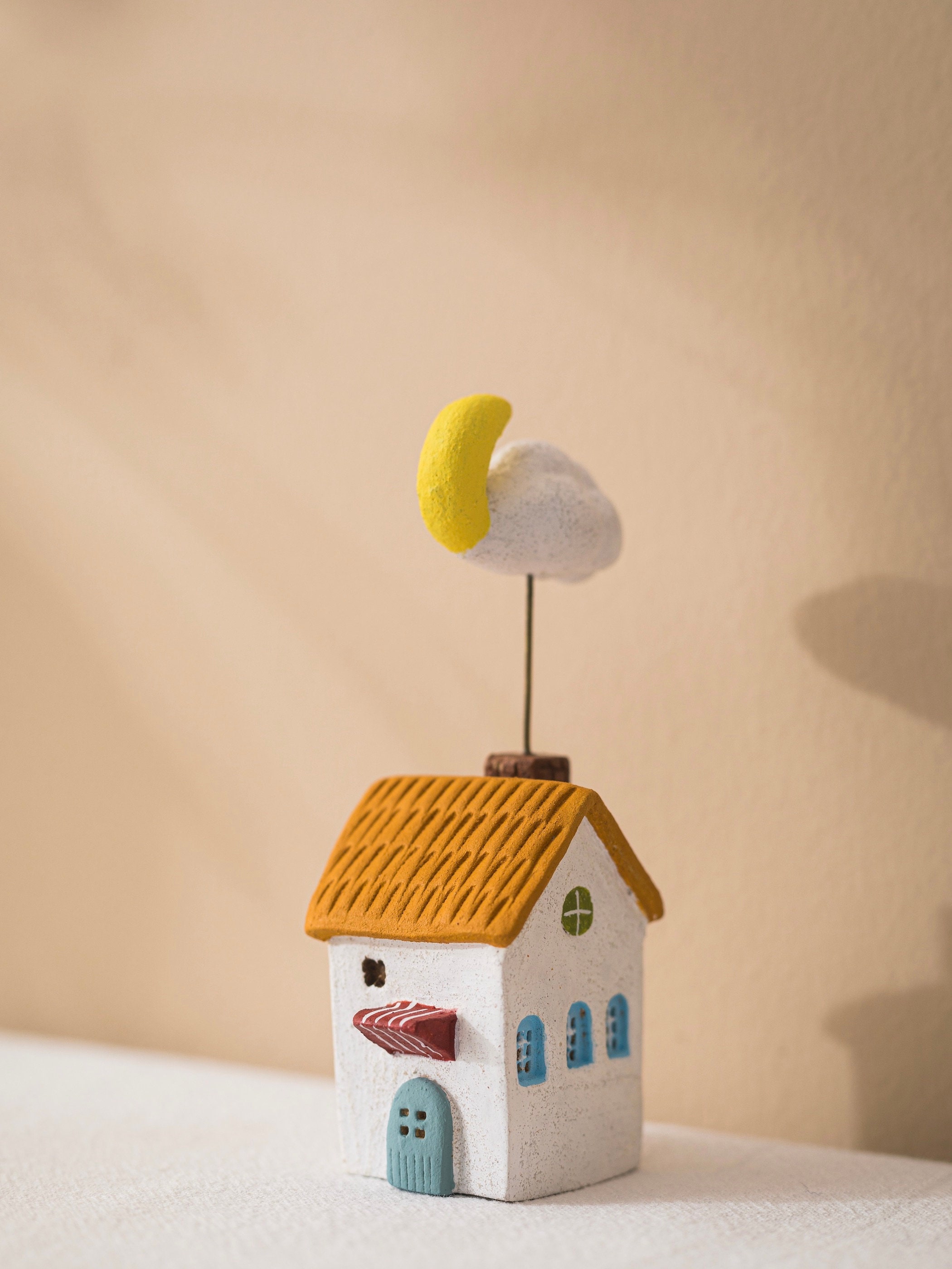 Handcrafted Orange & White Mini Clay Cottage Desk Decor - Moon Clouds ...
