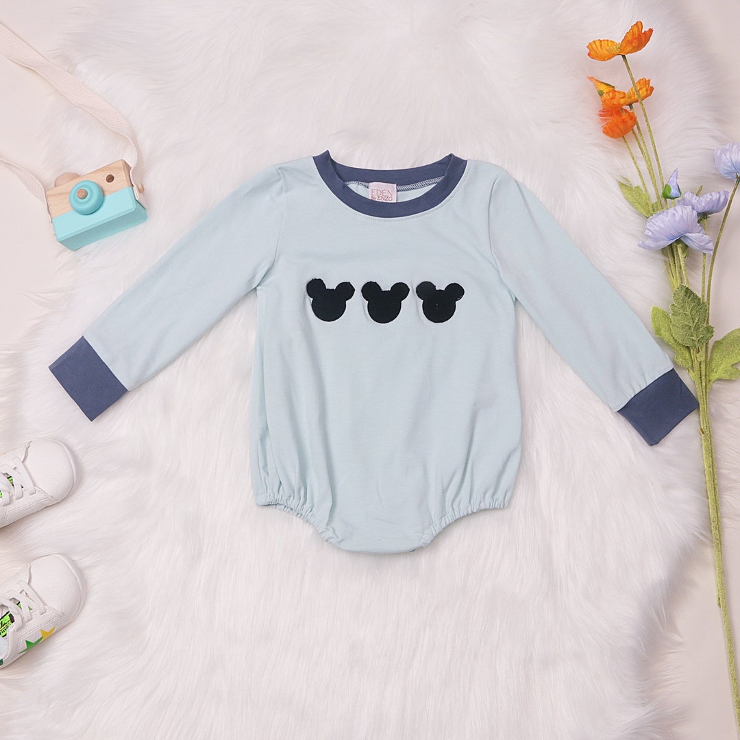 French Knot Character Mouse Embroidered Blue Romper Bubble - Etsy