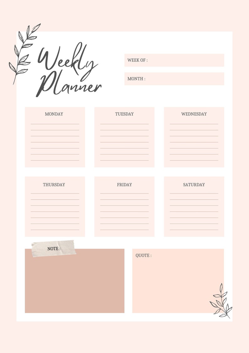 WEEKLY PLANNER / PRINTABLE / Digital Download / Single Page / - Etsy