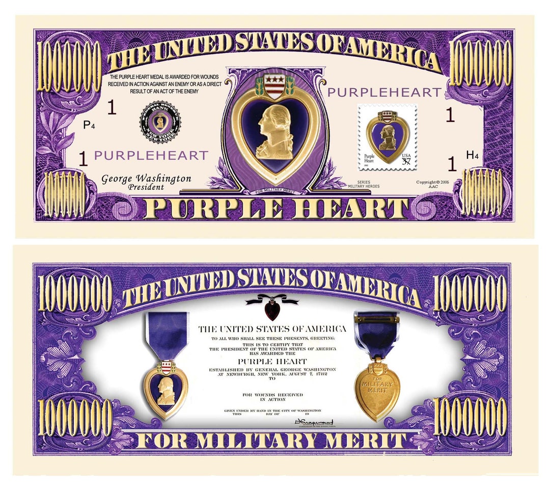 Purple Heart Commemorative Million Dollar Bill Great Addition to Purple ...