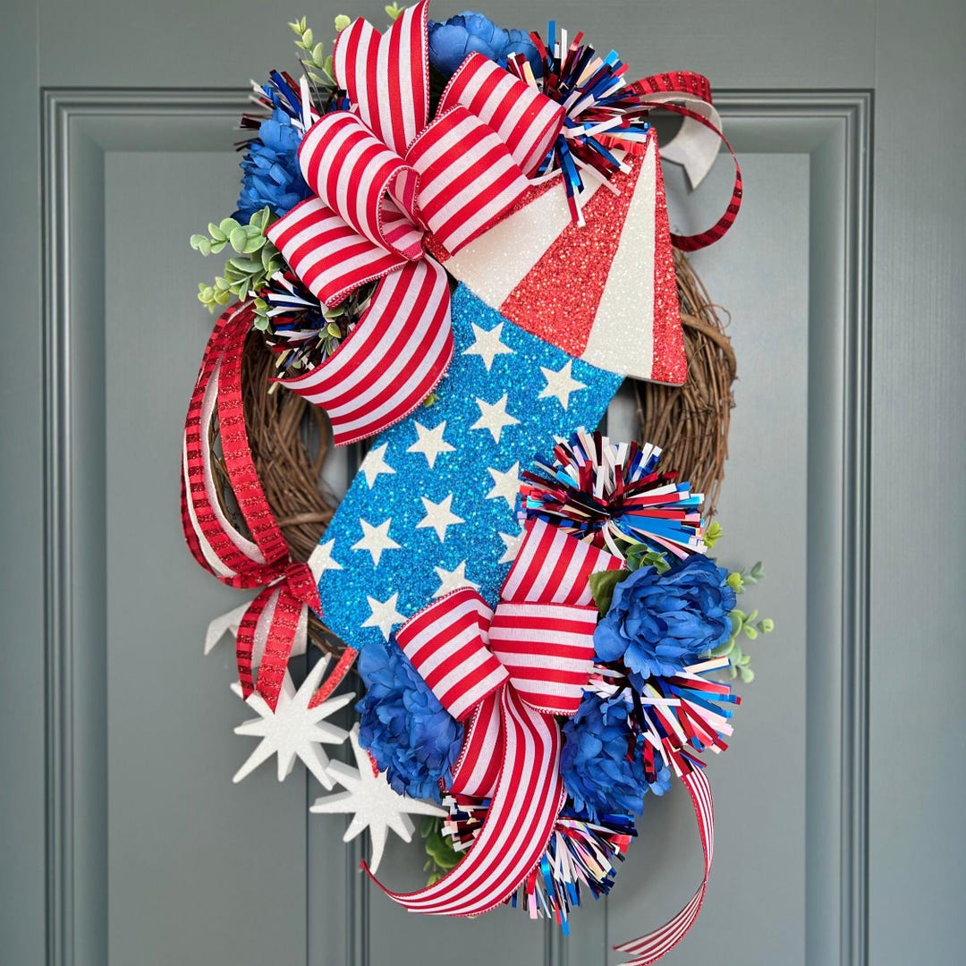 Patriotic Wreath for Front Door, Memorial Day Fireworks Wreath, Red ...