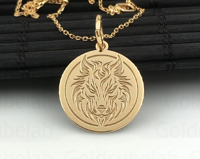 Gold Wolf Necklace, 14K Solid Gold Pendant, Howling Wolf Charm, Wild ...