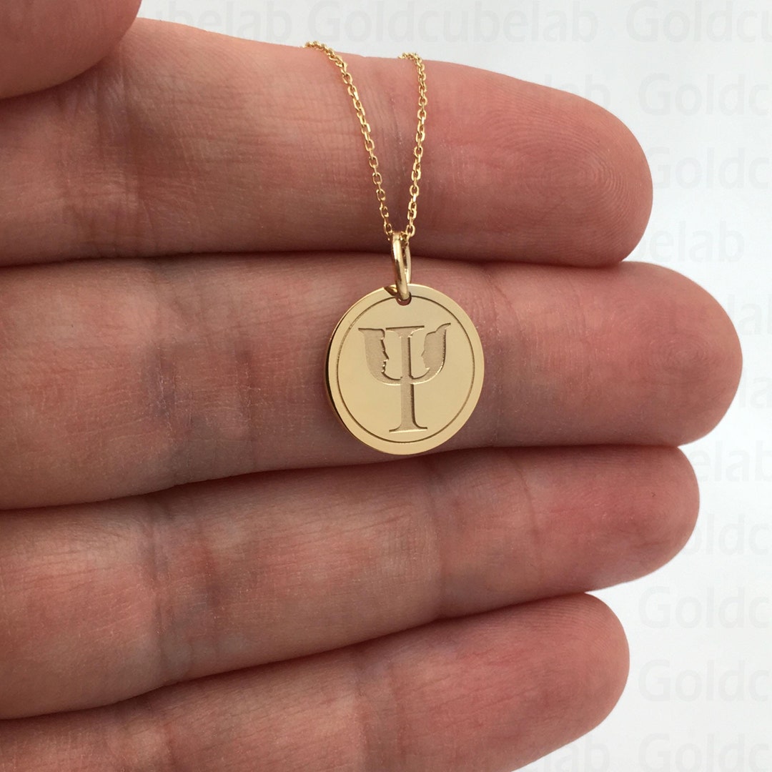 Collana psicologica in vero oro massiccio 14k, ciondolo con simbolo Psi ...