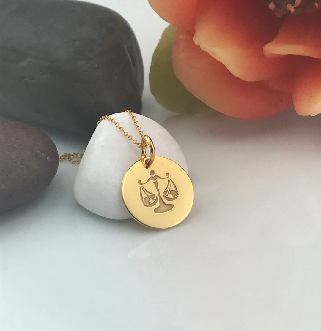 Real 14k Solid Gold Libra Zodiac Necklace, Personalized Gold Libra ...
