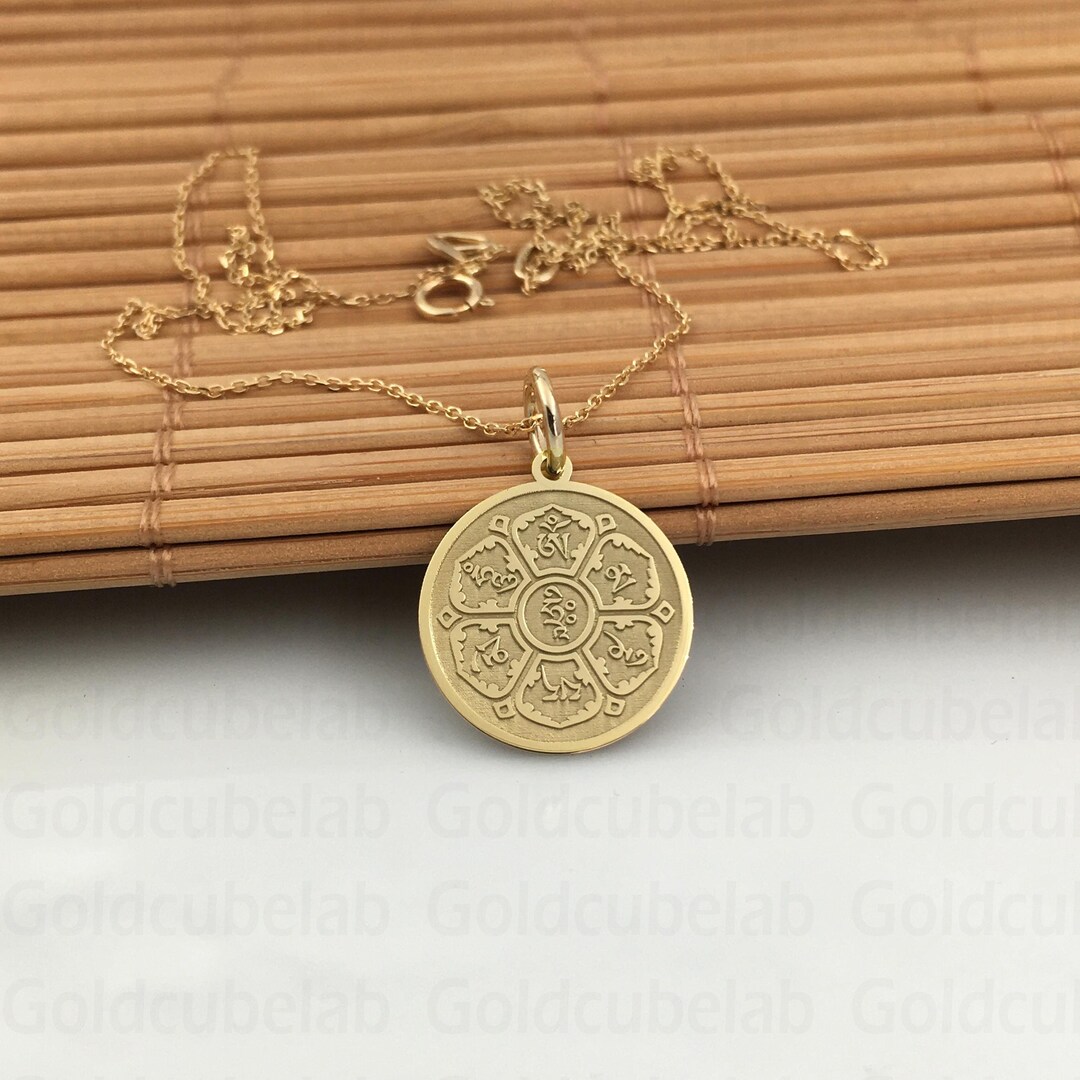 14k Solid Gold Om Mani Padme Hum Necklace, Customized Om Mani Pendant ...