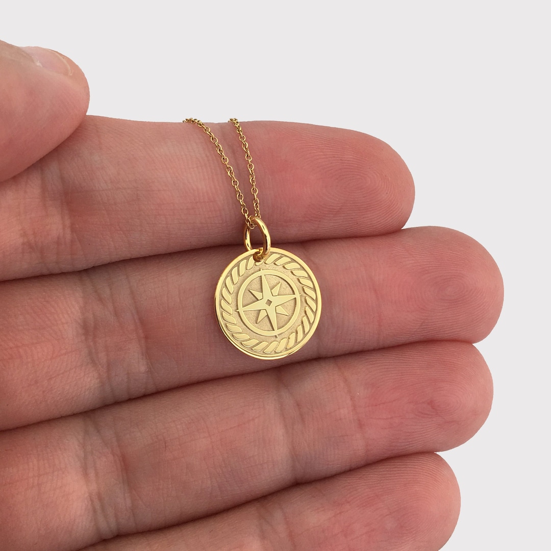 Real 14k Solid Gold Compass Necklace, Personalized Compass Pendant ...