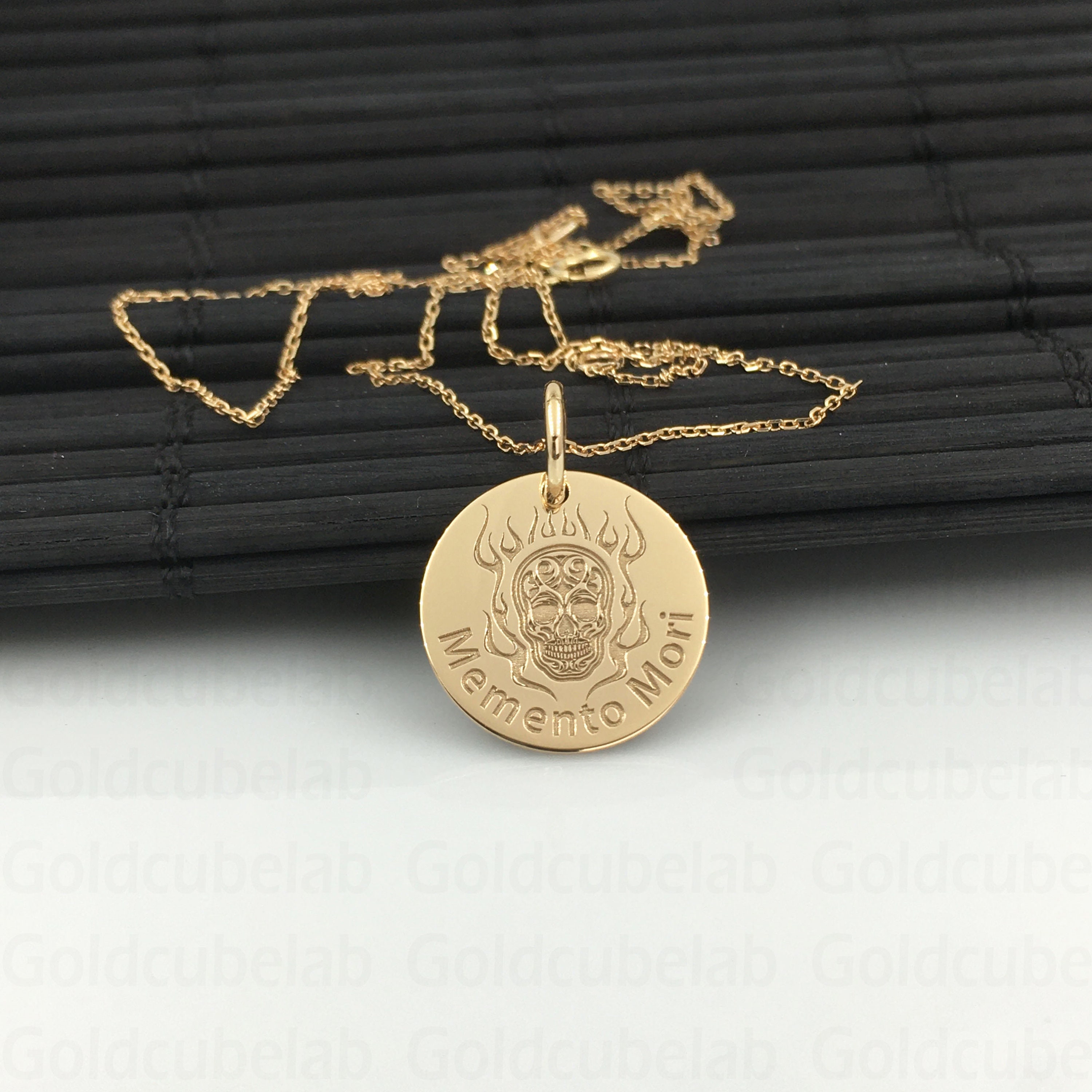 14K Real Solid Gold Memento Mori Necklace, Stoicism Gold Disc Pendant ...