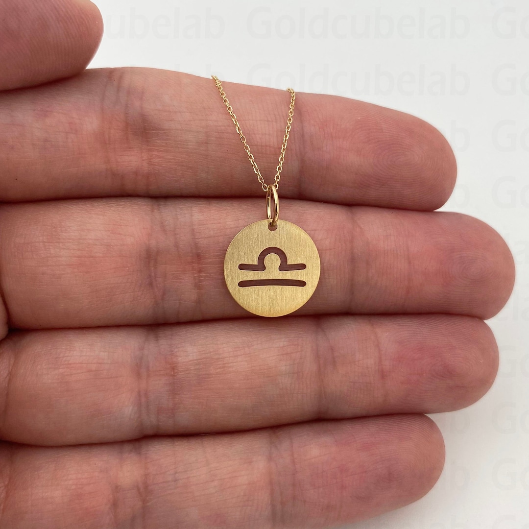 Real 14k Solid Gold Libra Zodiac Necklace, Personalized Brushed Finish ...