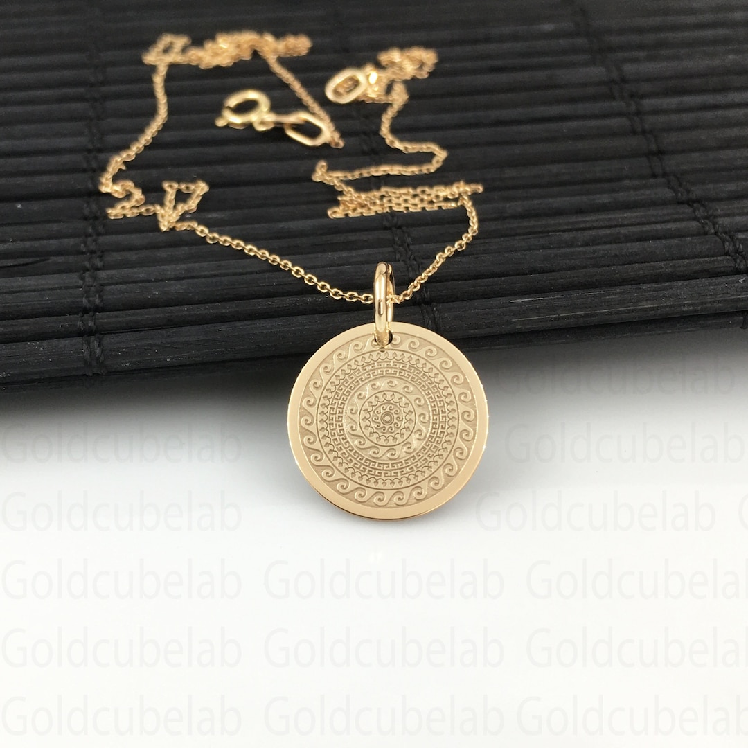 Real 14k Solid Gold Mandala Round Pendant, Personalized Mandala Round Necklace, Ancient Round ...