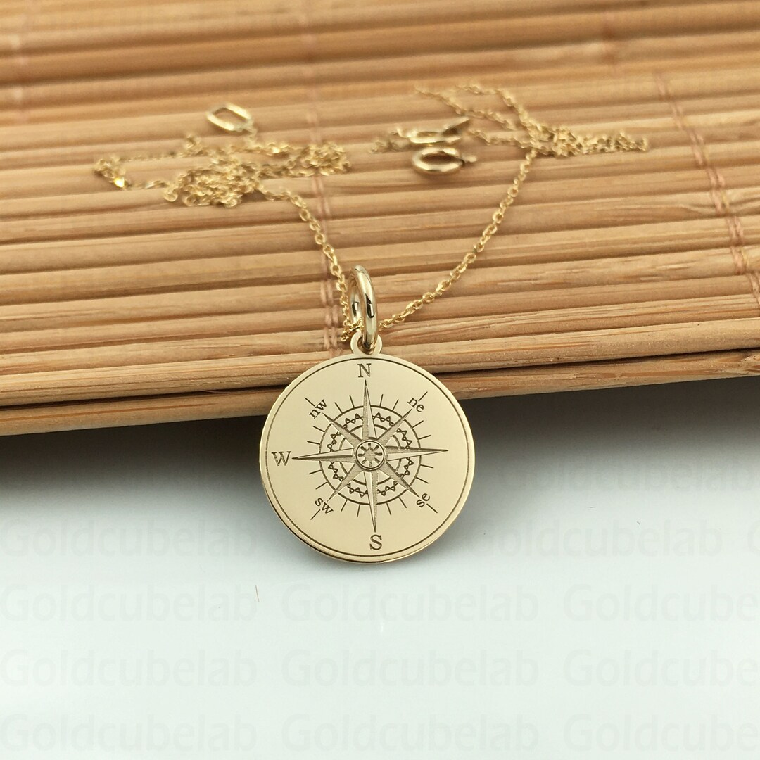 14k Solid Gold Compass Necklace, Personalized Nautical Pendant, Dainty ...