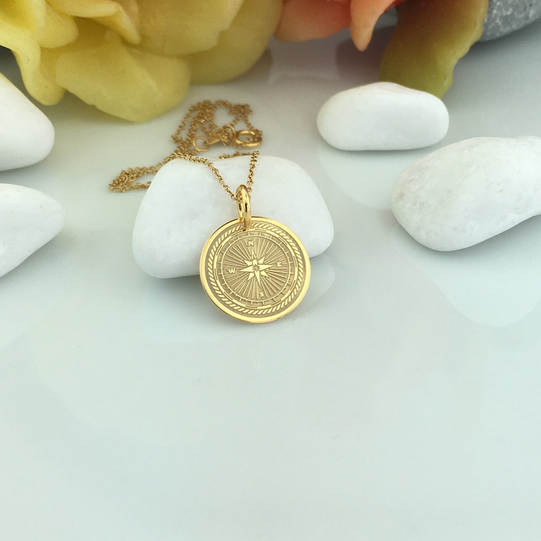 Real 14k Solid Gold Compass Necklace, Personalized Compass Pendant ...