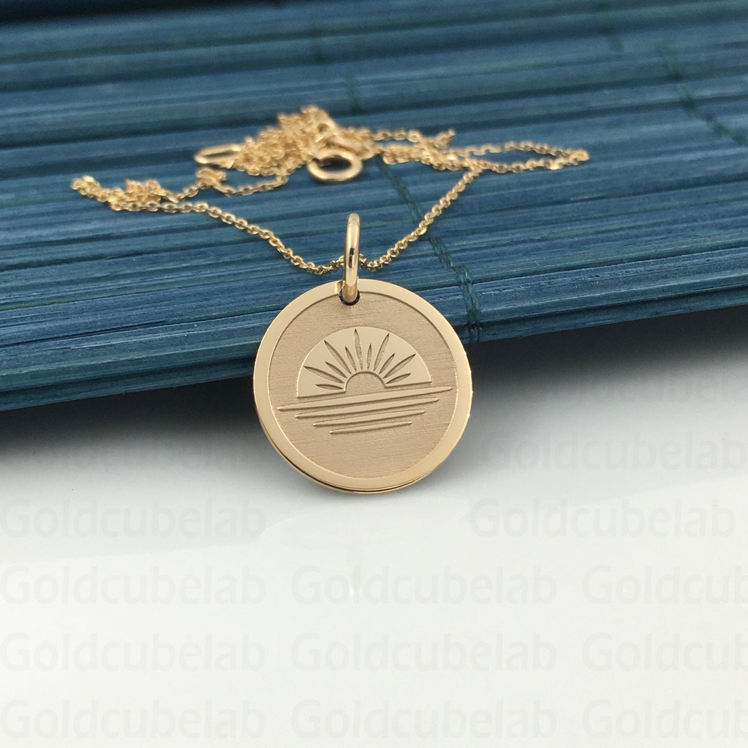 Real 14k Solid Gold Sun Necklace, Personalized Sunset Pendant, Sun and ...