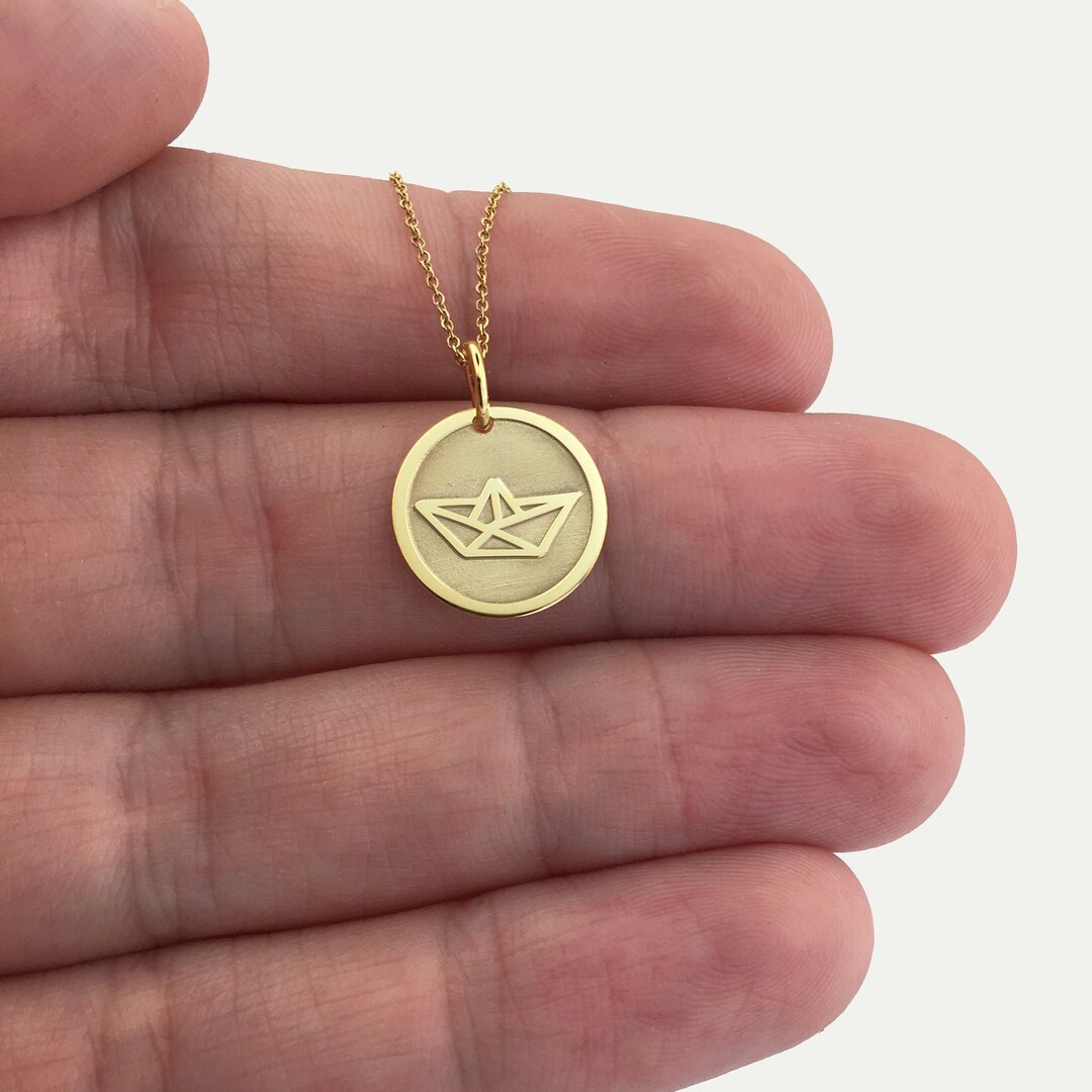 Real 14k Solid Gold Paper Boat Necklace, Personalized Boat Pendant ...