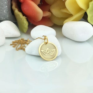 Real 14k Solid Gold Paper Boat Necklace, Personalized Boat Pendant ...