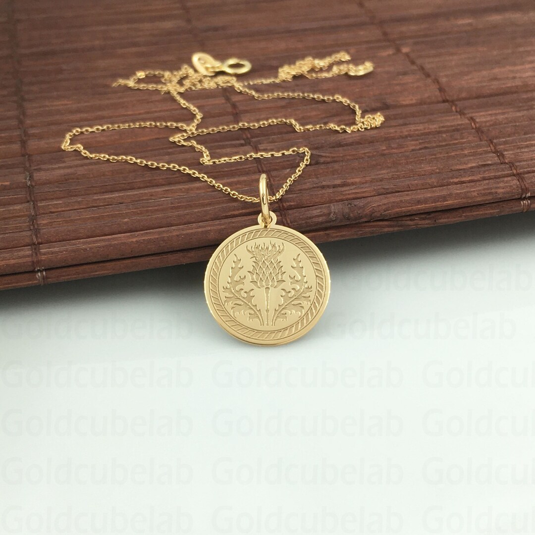 Real 14k Solid Gold Thistle Necklace, Personalized Thistle Pendant ...