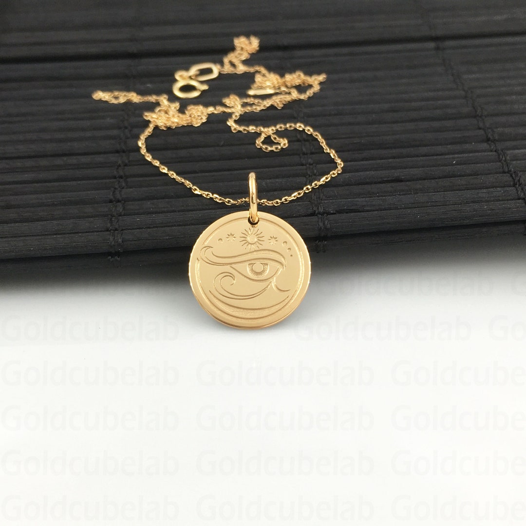 Real 14k Solid Gold Evil Eye Disc Necklace, Gold Evil Eye Coin Pendant ...