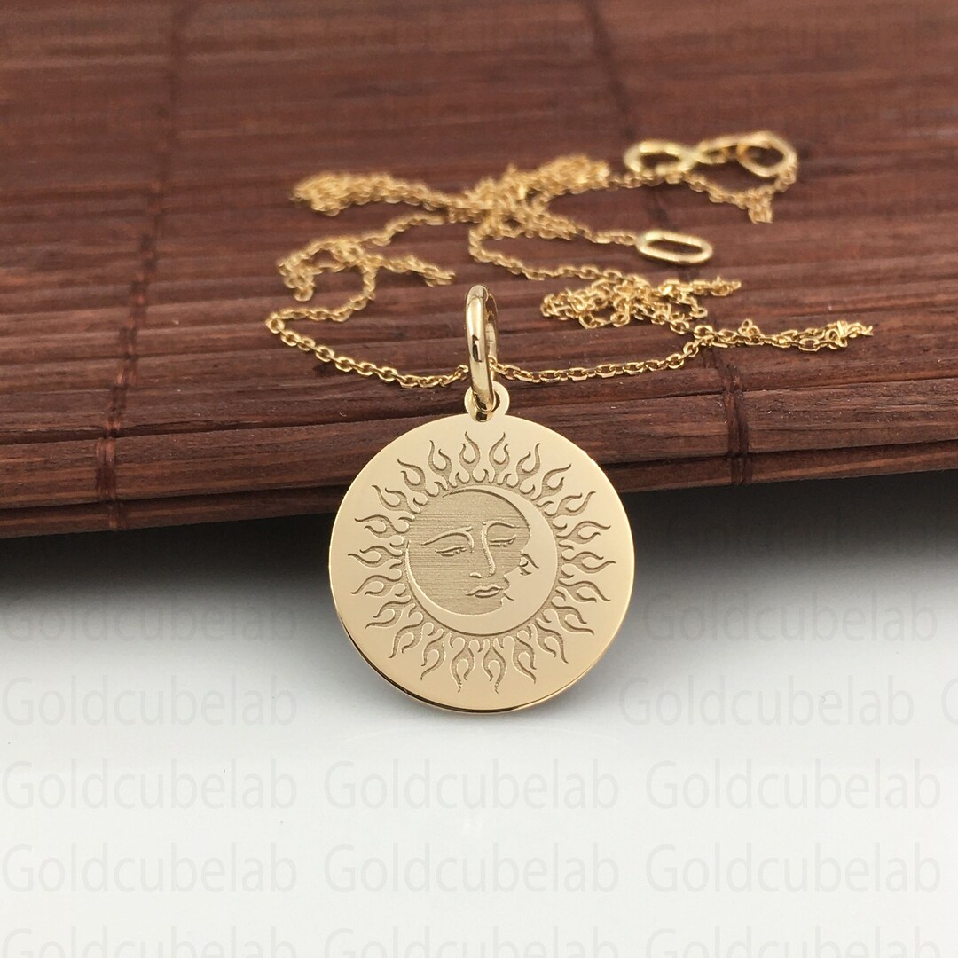 Real 14k Solid Gold Sun and Moon Necklace, Personalized Sun Moon ...